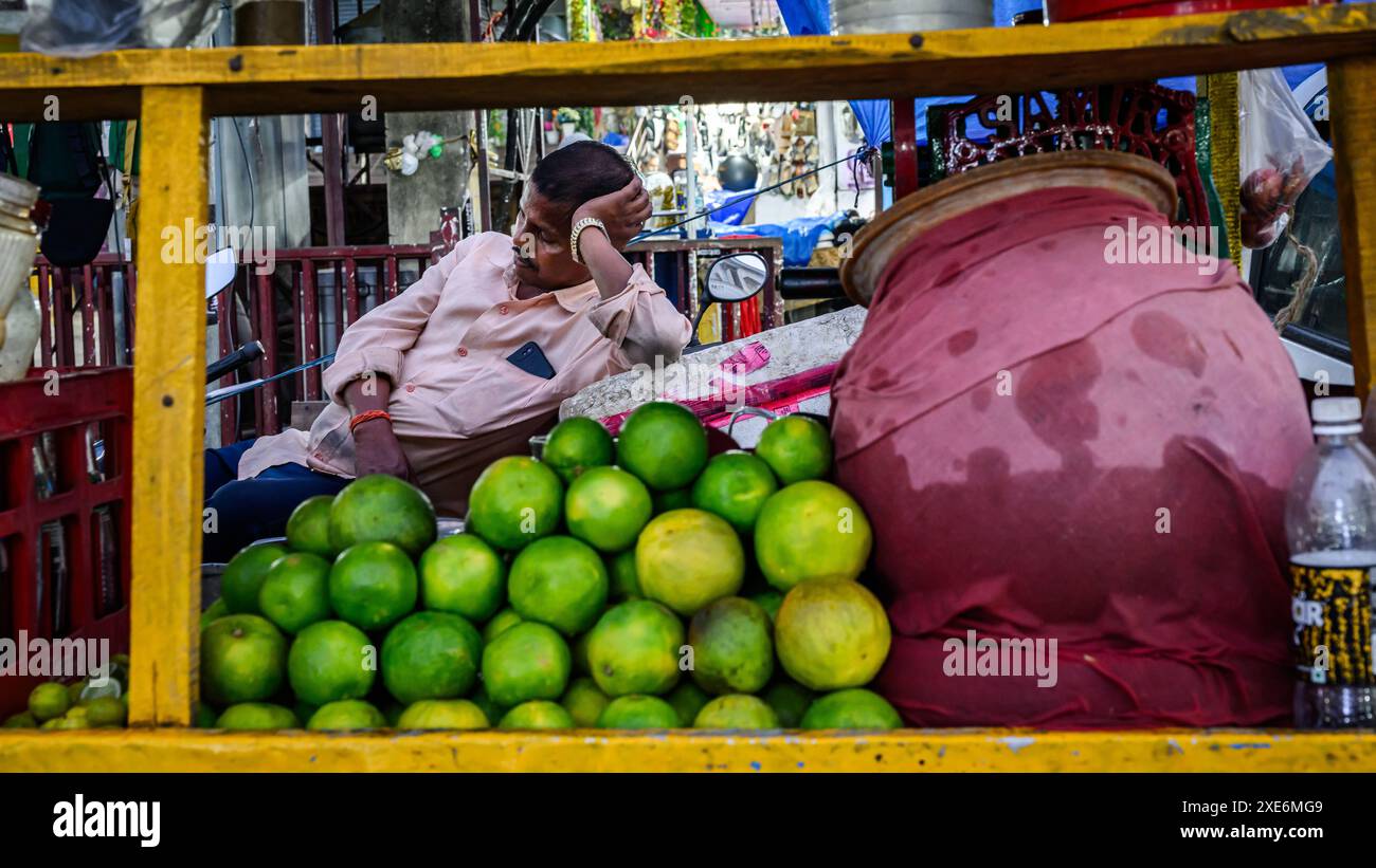 Man resting up behind his cart of limes, Guwahati, Assam, India, Asia ...