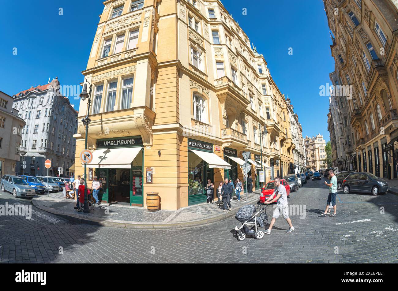 Prague, Czech Republic - May 25, 2019: Exploring the cobblestone ...
