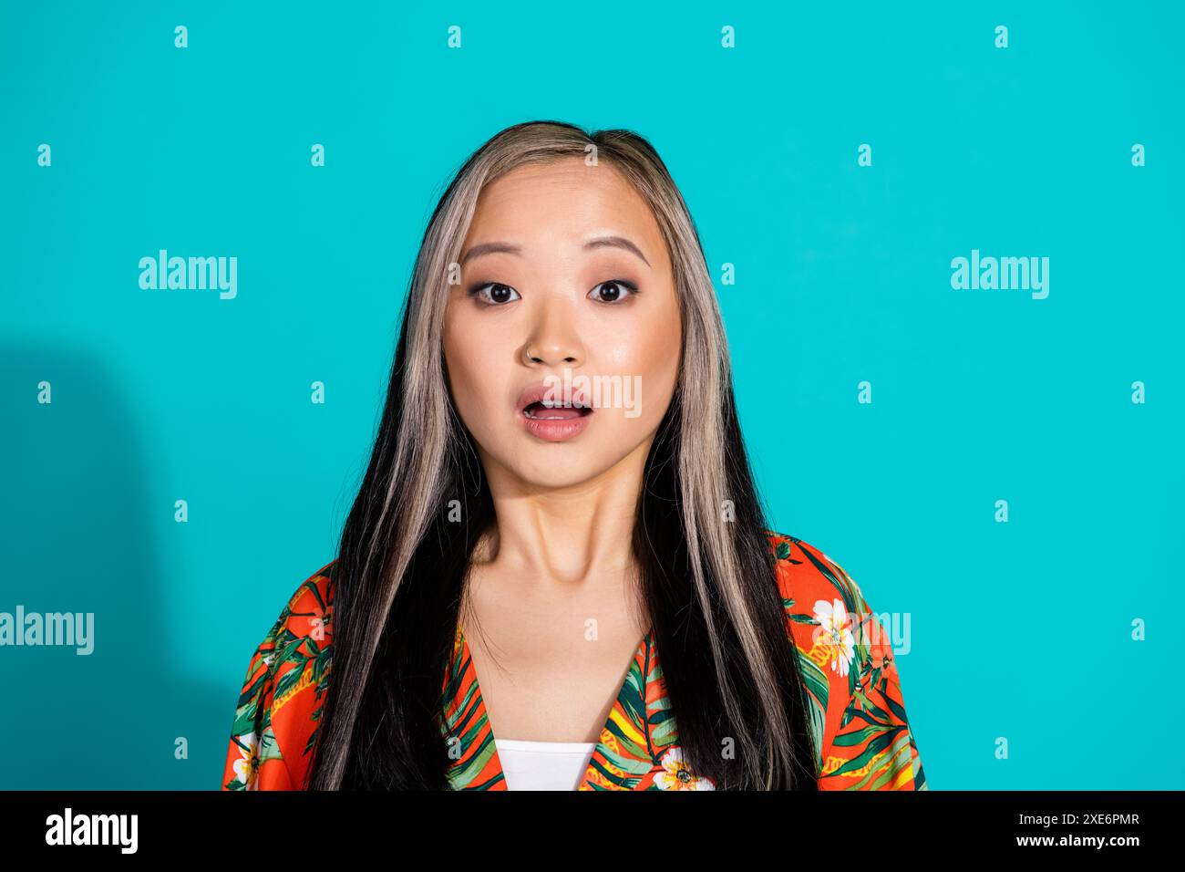 Photo of anxious embarrassed cute girl wear stylish print clothes fear ...