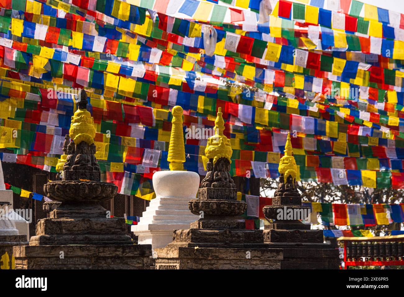 Huge amount of Tibetan prayer flags with stupas and statues, Swayambu ...