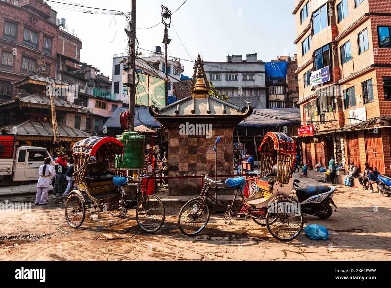 Tourist Rikshaws parked on a temple square in Thamel, Kathmandu, Nepal ...