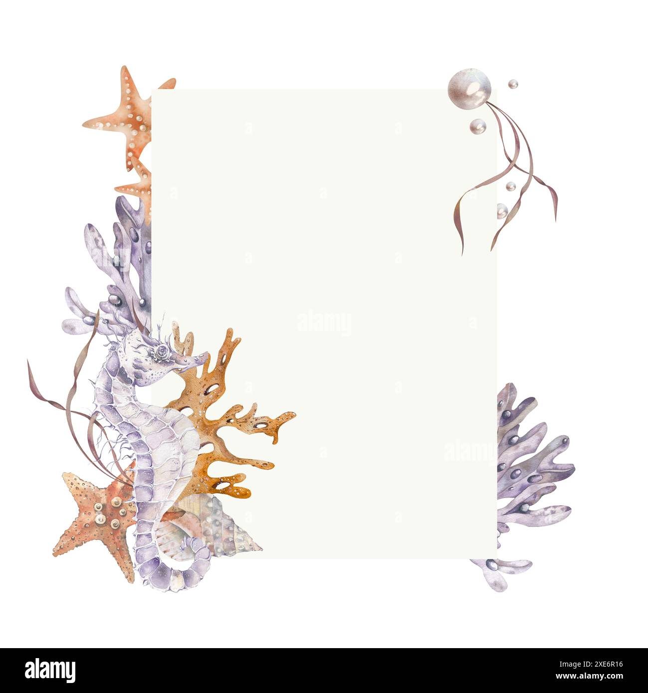 Frame. Marine theme. Algae, Seahorse, Starfish, Various Shells, Bubbles ...