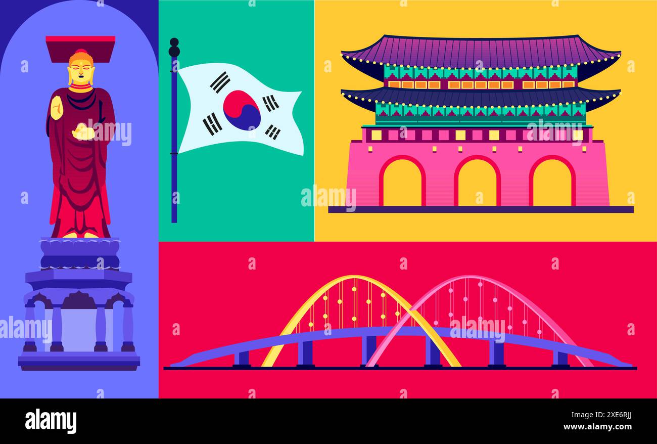 Landmarks And Statues Of South Korea Set Of Flat Design Style Colorful Illustrations Stock