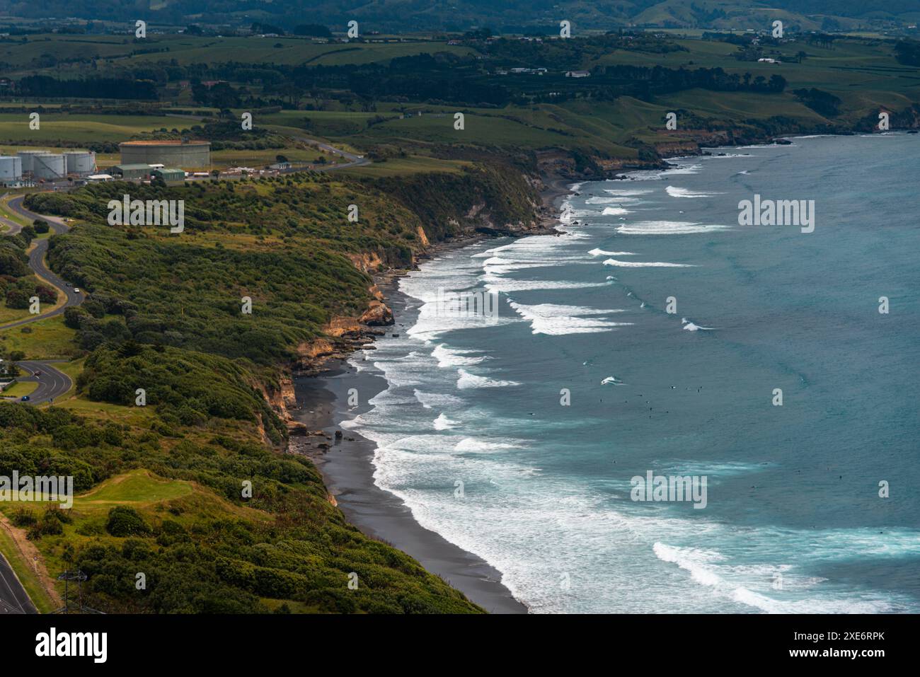 Aerial view along the blue coastline of the North Island close to New ...