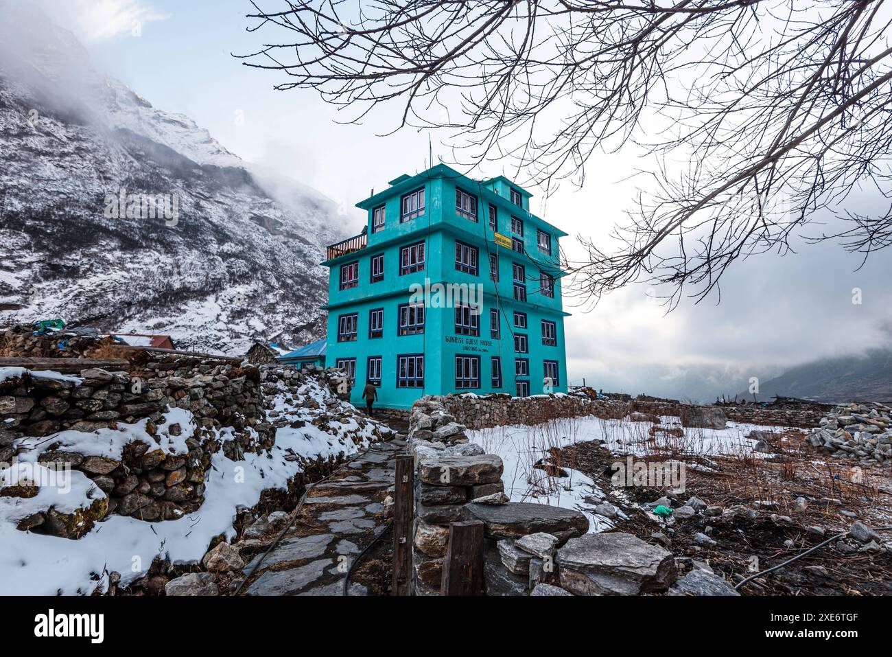 Colorful Turqouise lodge of Lang Tang Village, Lang Tang Trek, Himalaya ...