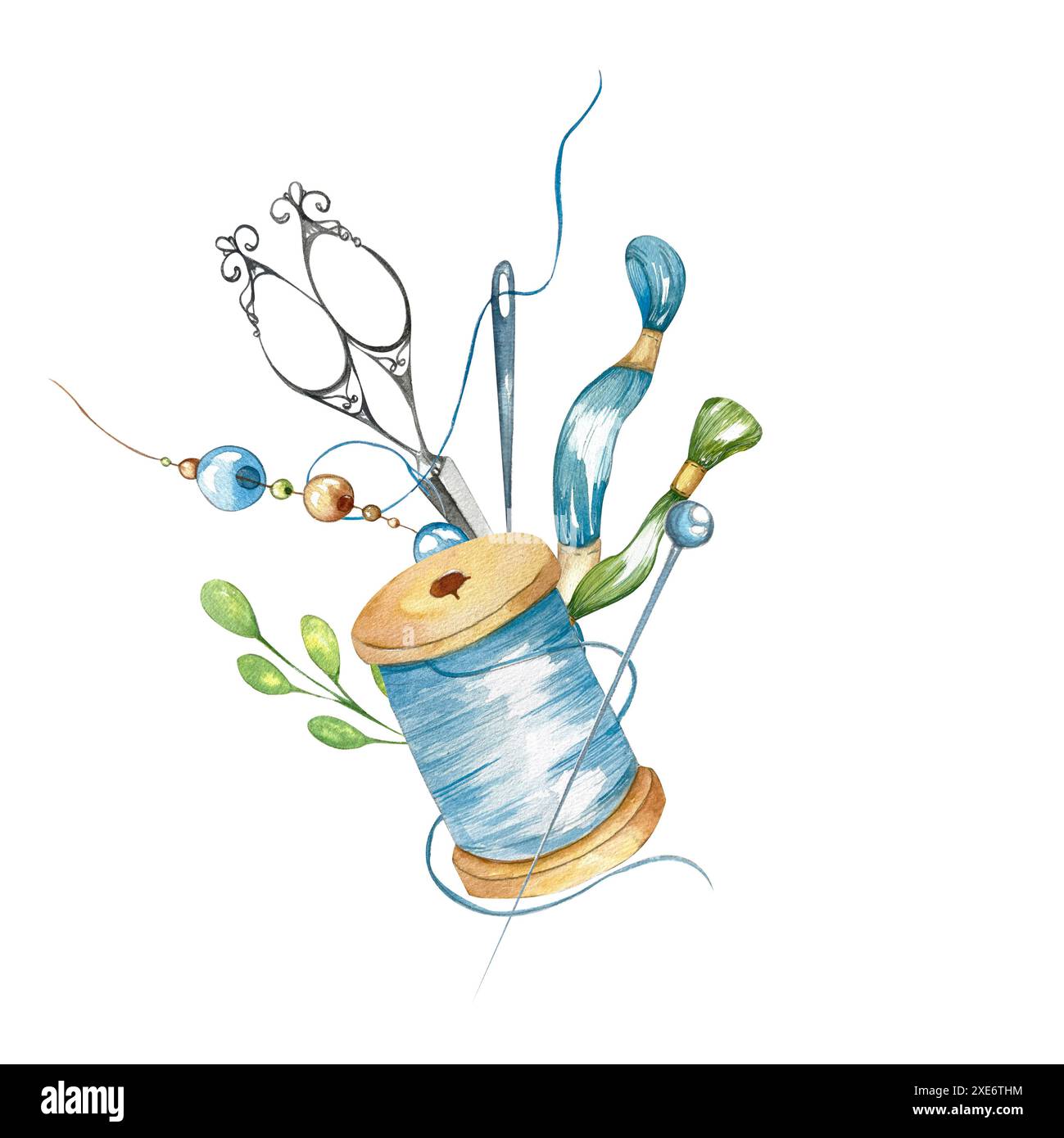 Composition of Sewing Scissors, Multi-Colored Beads,Threads, Needles. Theme: Embroidery, Sewing ...