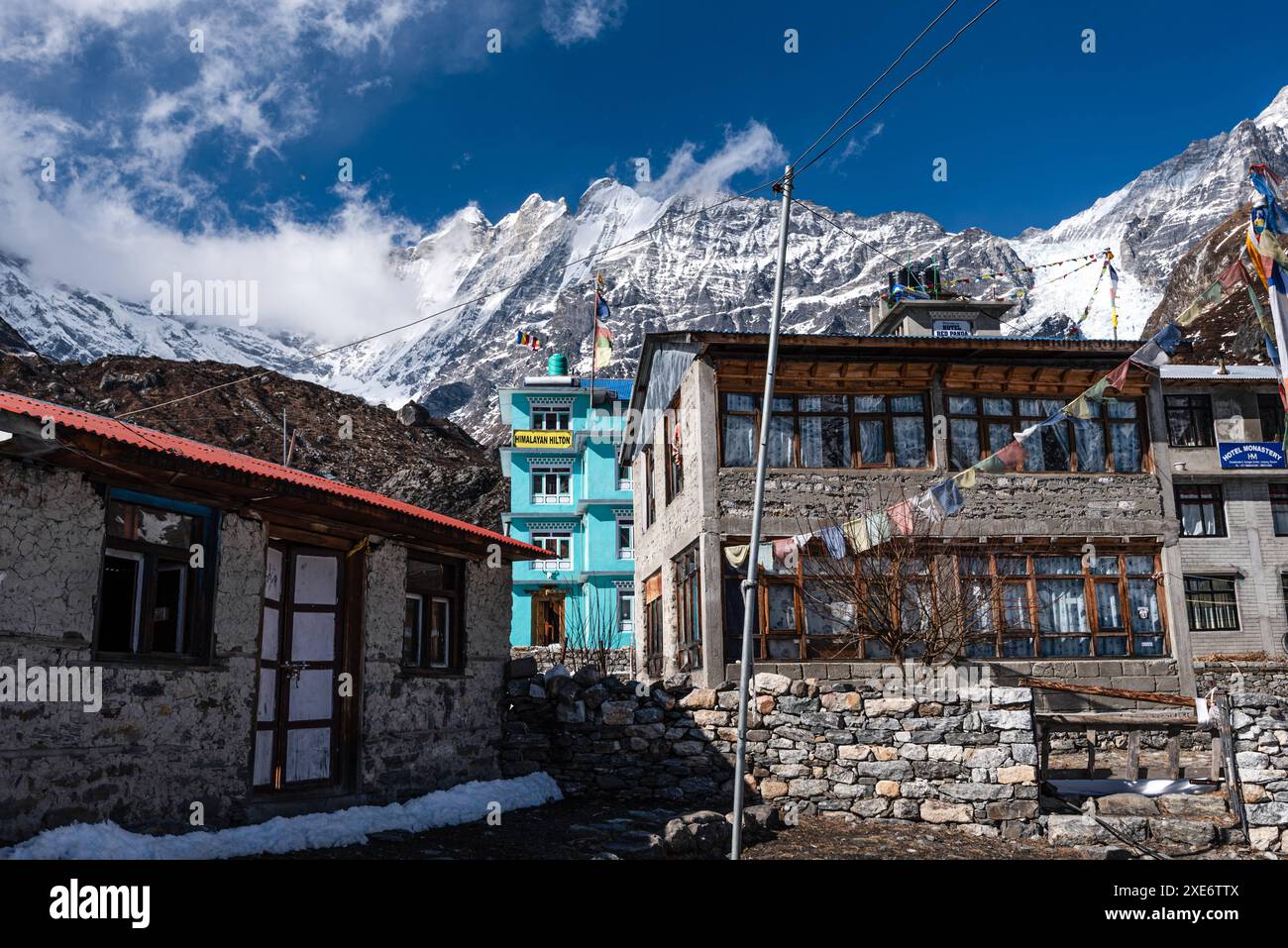 Colorful houses by Kyanjin Gompa with towering summits of Langtang ...