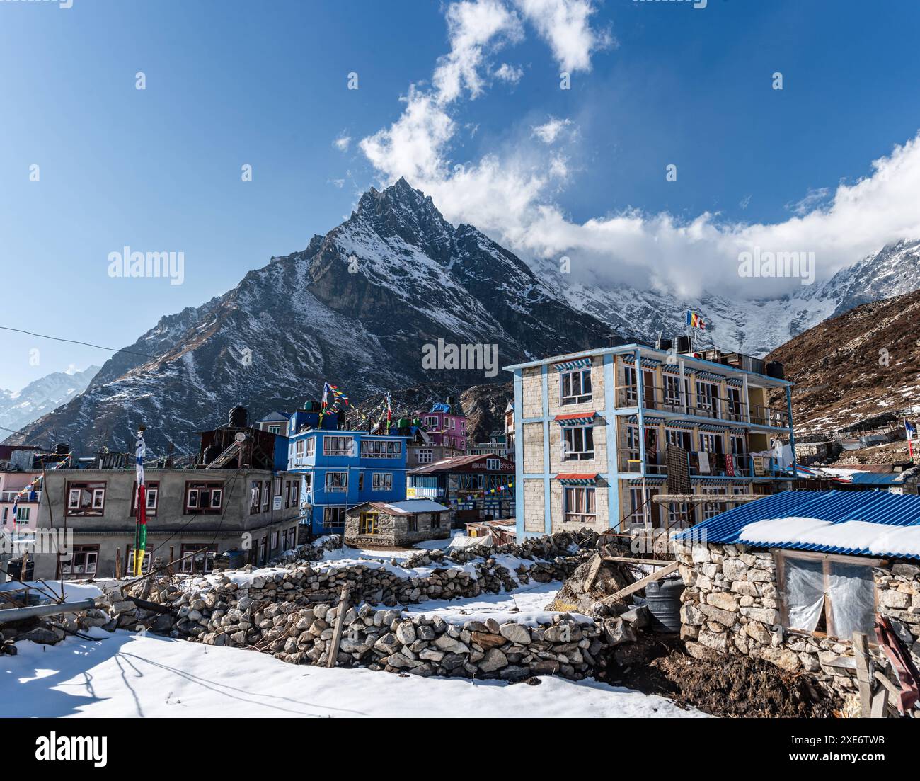 Colourful houses of Kyanjin Gompa Town with summit of Langtang Lirung ...