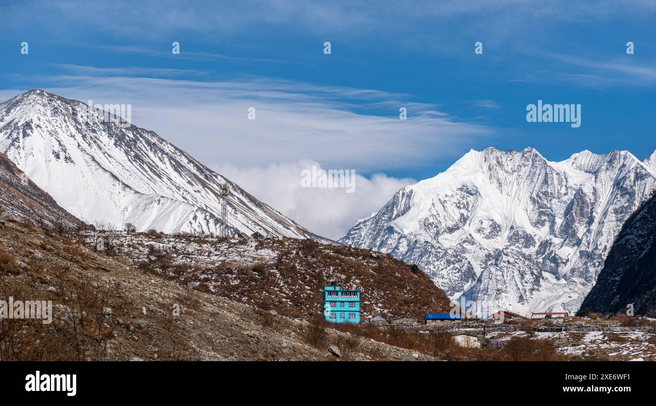 Towering ice capped mountains of Tserko Ri and Gangchempo, and ...