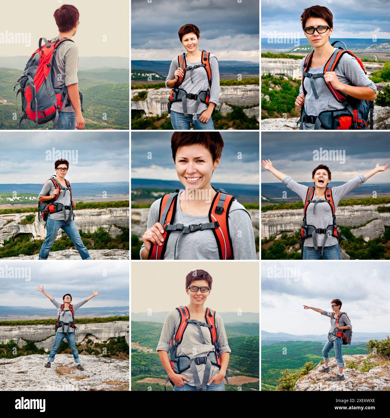 photo collage girl tourist in mountain landscape Stock Photo - Alamy