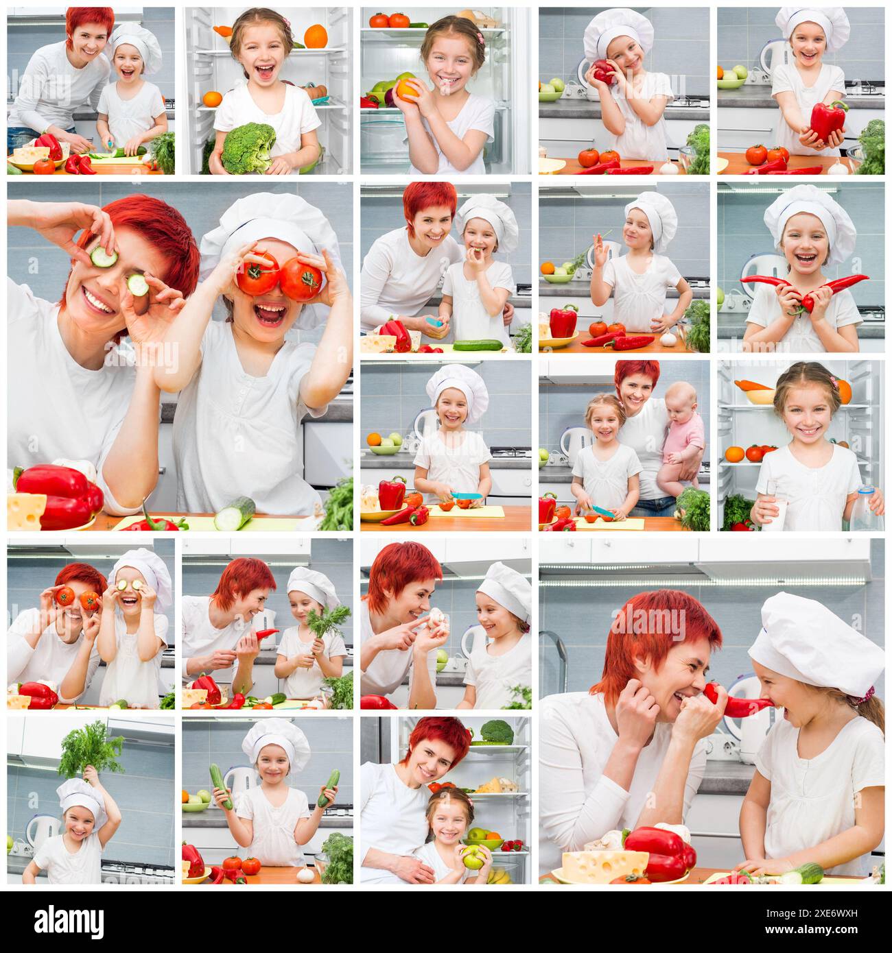 collage mother and baby daughter playing with fruits and vegetables and ...