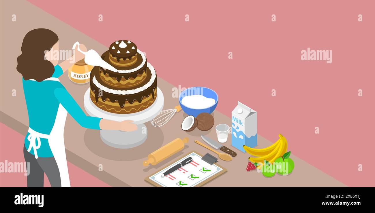 3D Isometric Flat Conceptual Illustration of Cake Baking, Professional ...