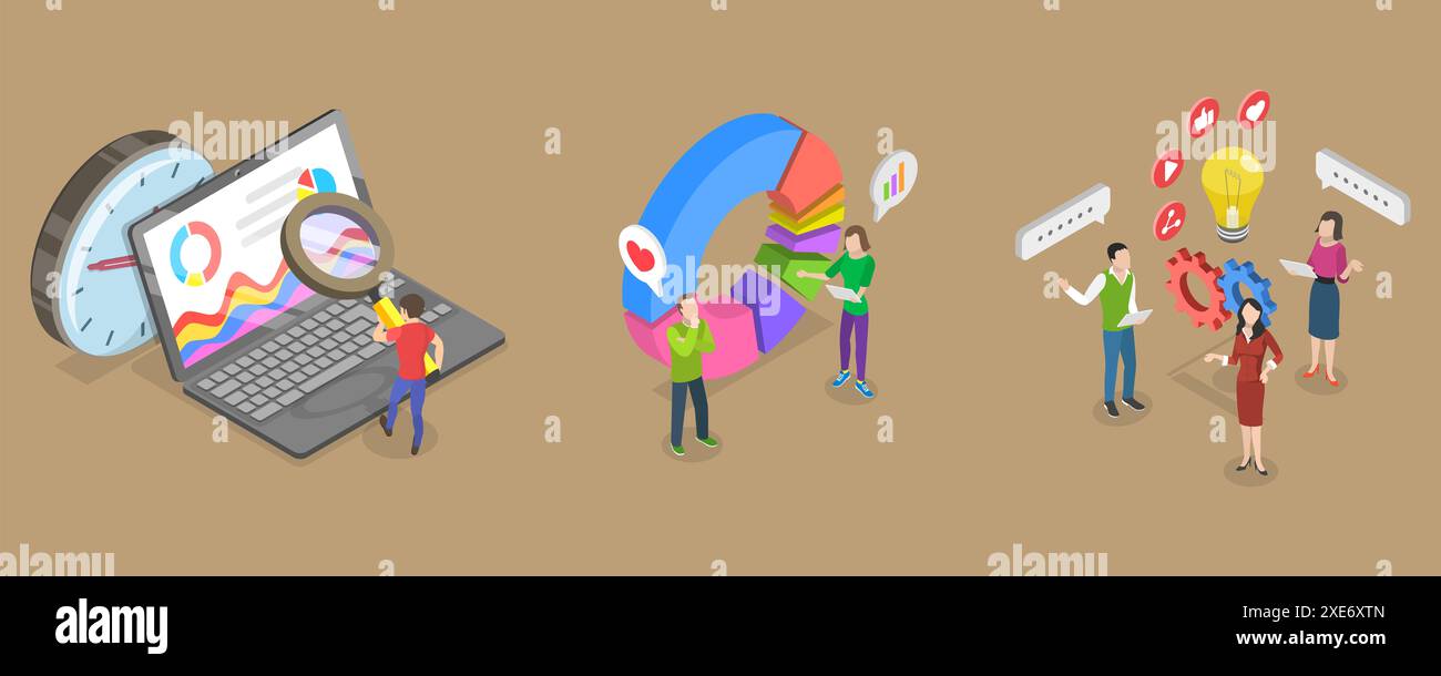 3D Isometric Flat Conceptual Illustration of Marketing Research Strategies, Customer ...