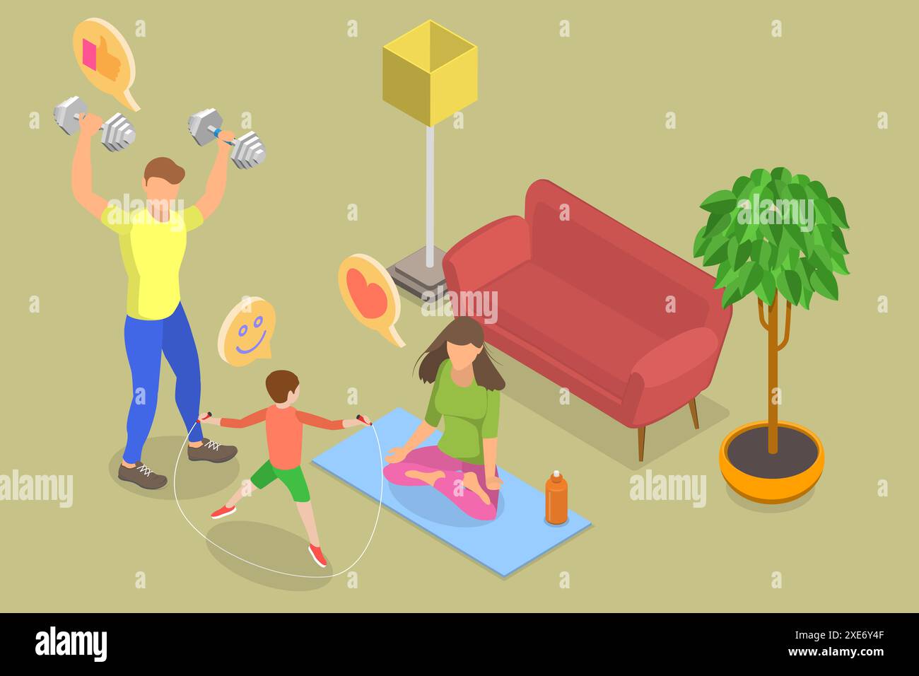 3D Isometric Flat Conceptual Illustration of Family Fitness as Home ...