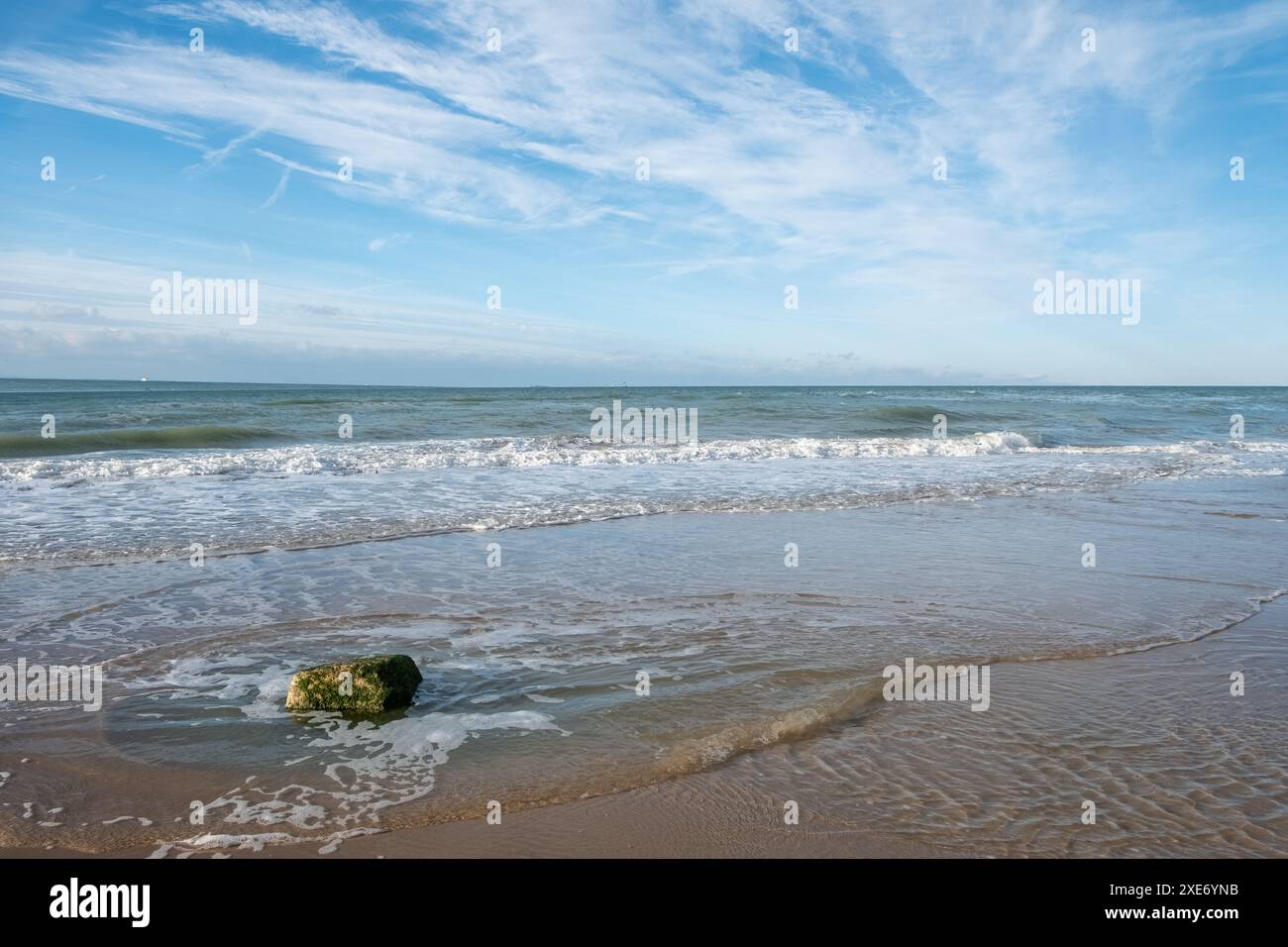 This serene seascape captures a single rock, clad in vibrant green ...