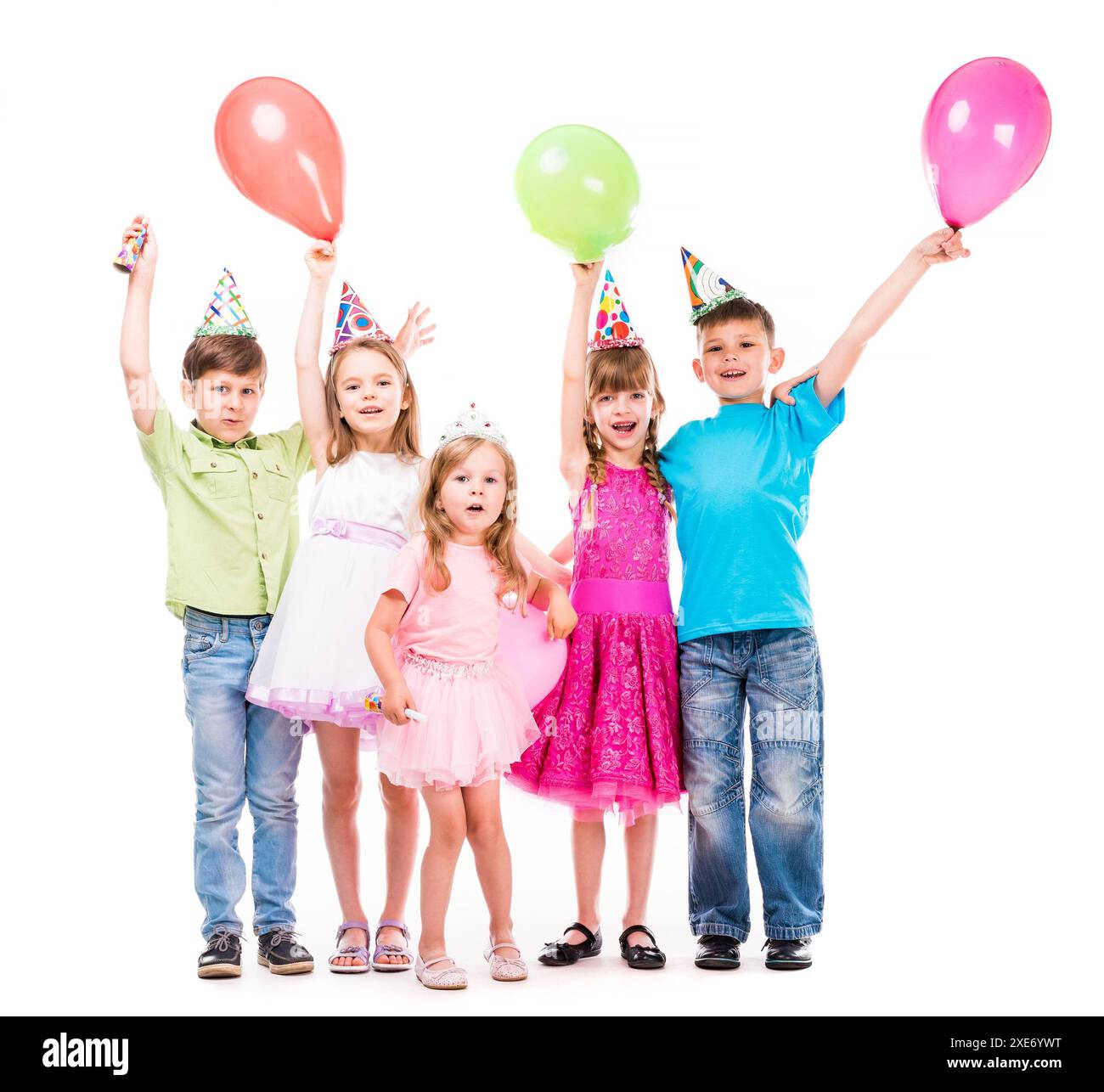 cute little children laughing with hands up and colorful baloons Stock ...