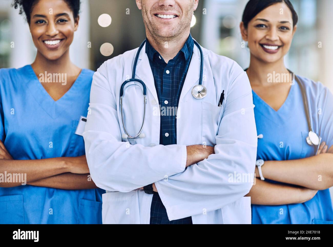 Medical, team and arms crossed in hospital, portrait and support or ...