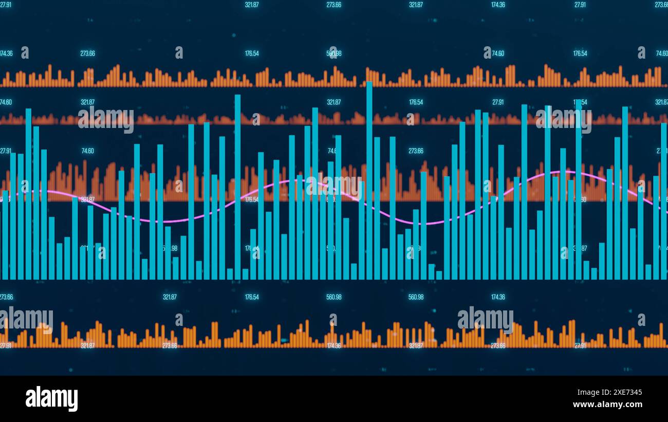 Blue and yellow bar charts, lines, financial figures. Blue and yellow ...