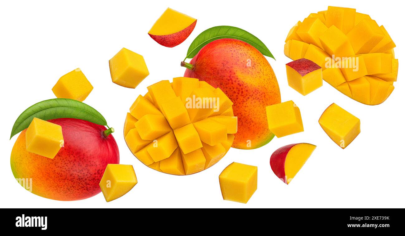 Falling mango fruits slices isolated on white background Stock Photo ...