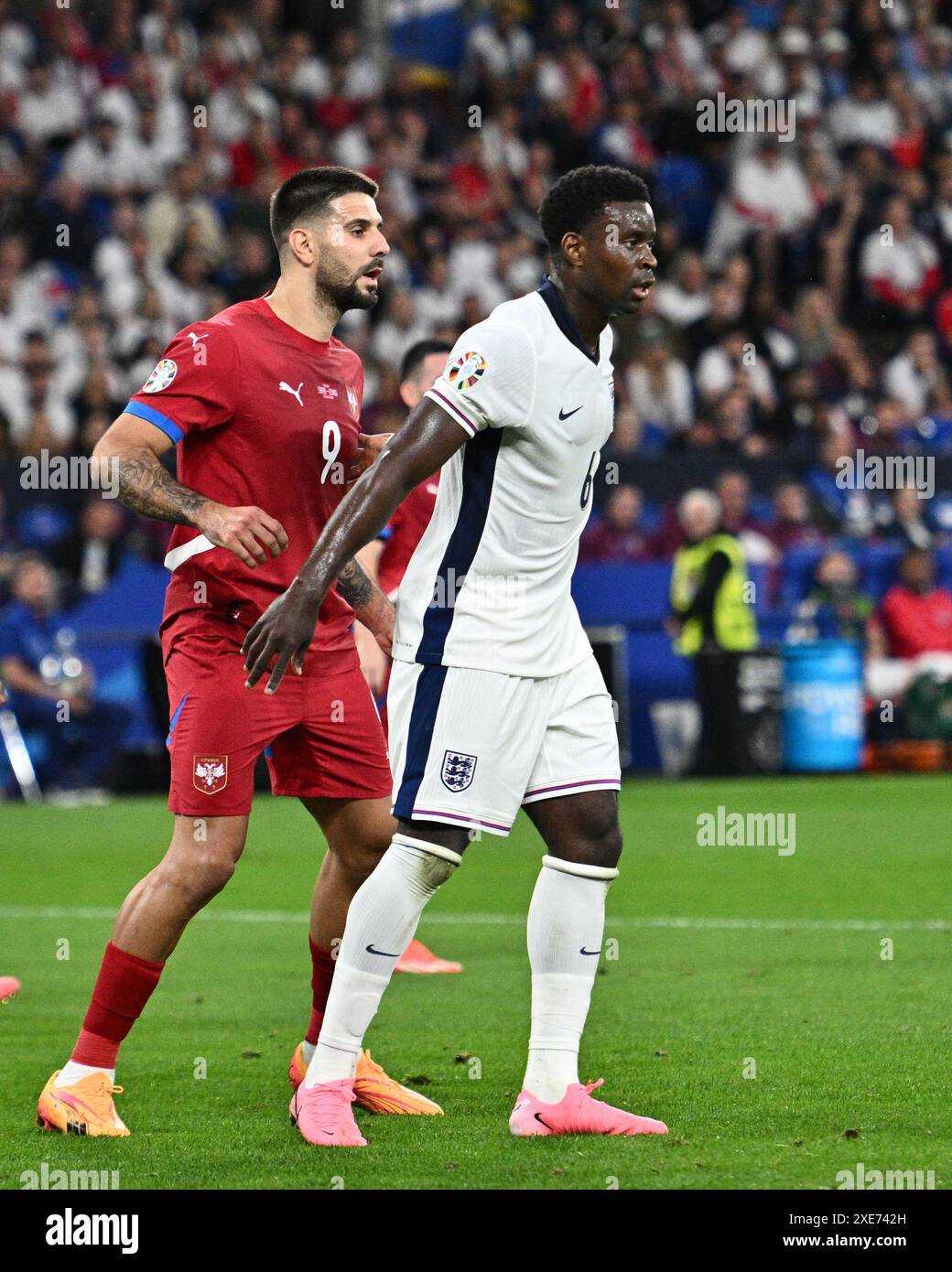 GELSENKIRCHEN, GERMANY - JUNE 16: Aleksandar Mitrovic, Marc Guehi during the UEFA EURO 2024 ...
