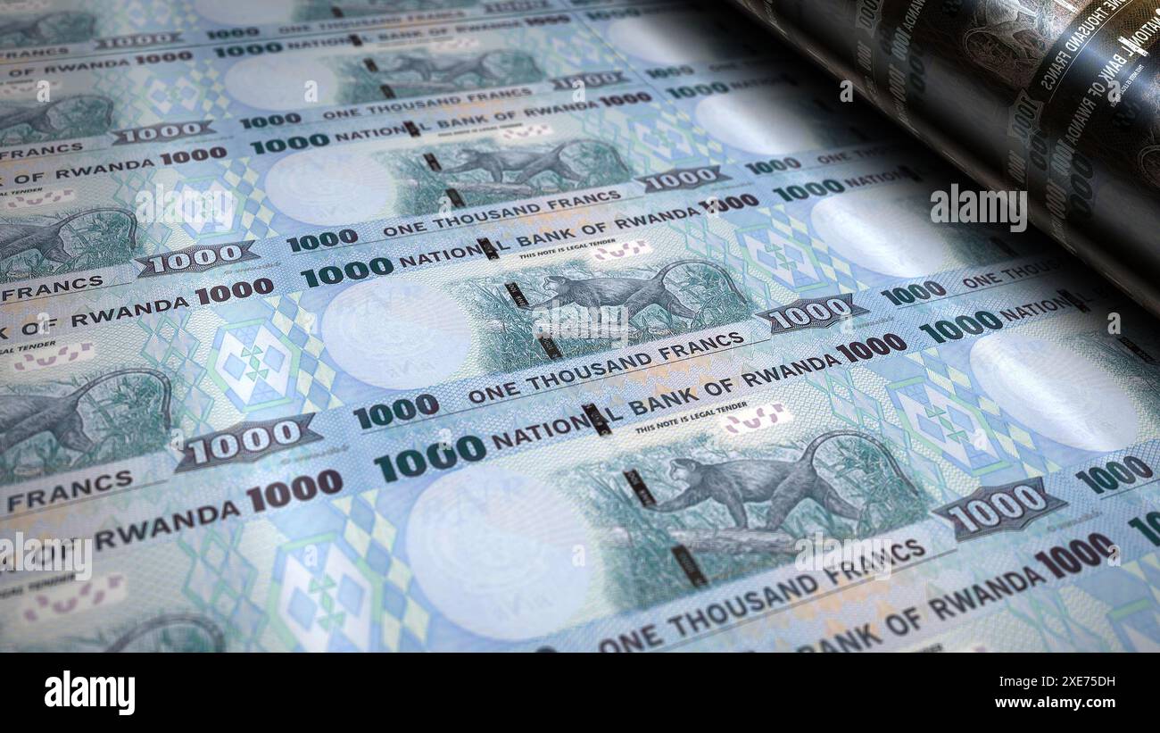 Rwandan Francs money printing 3d illustration. 1000 RWF banknote print ...