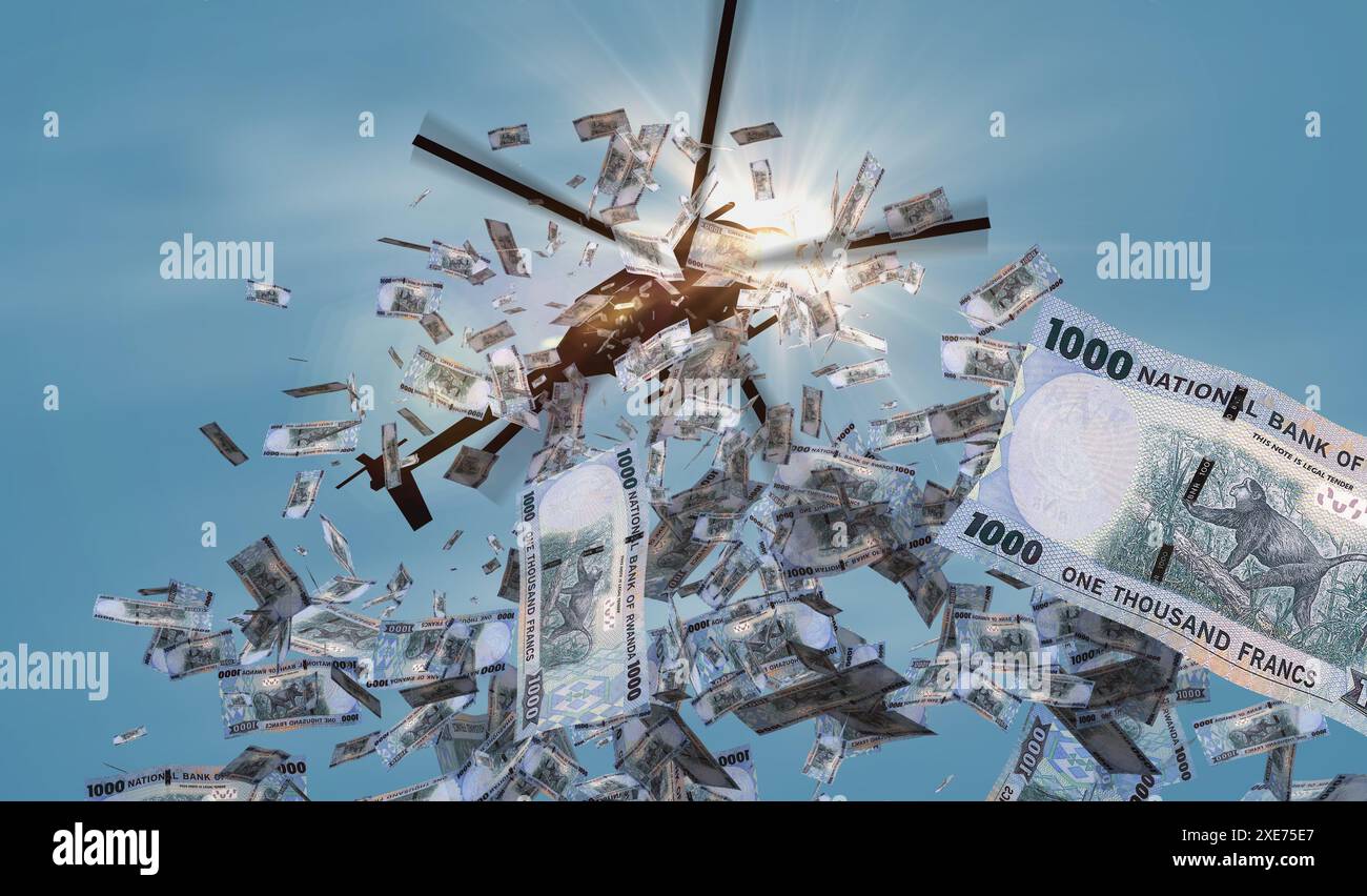 Rwanda Franc banknotes helicopter money dropping. Rwandan RWF 1000 ...