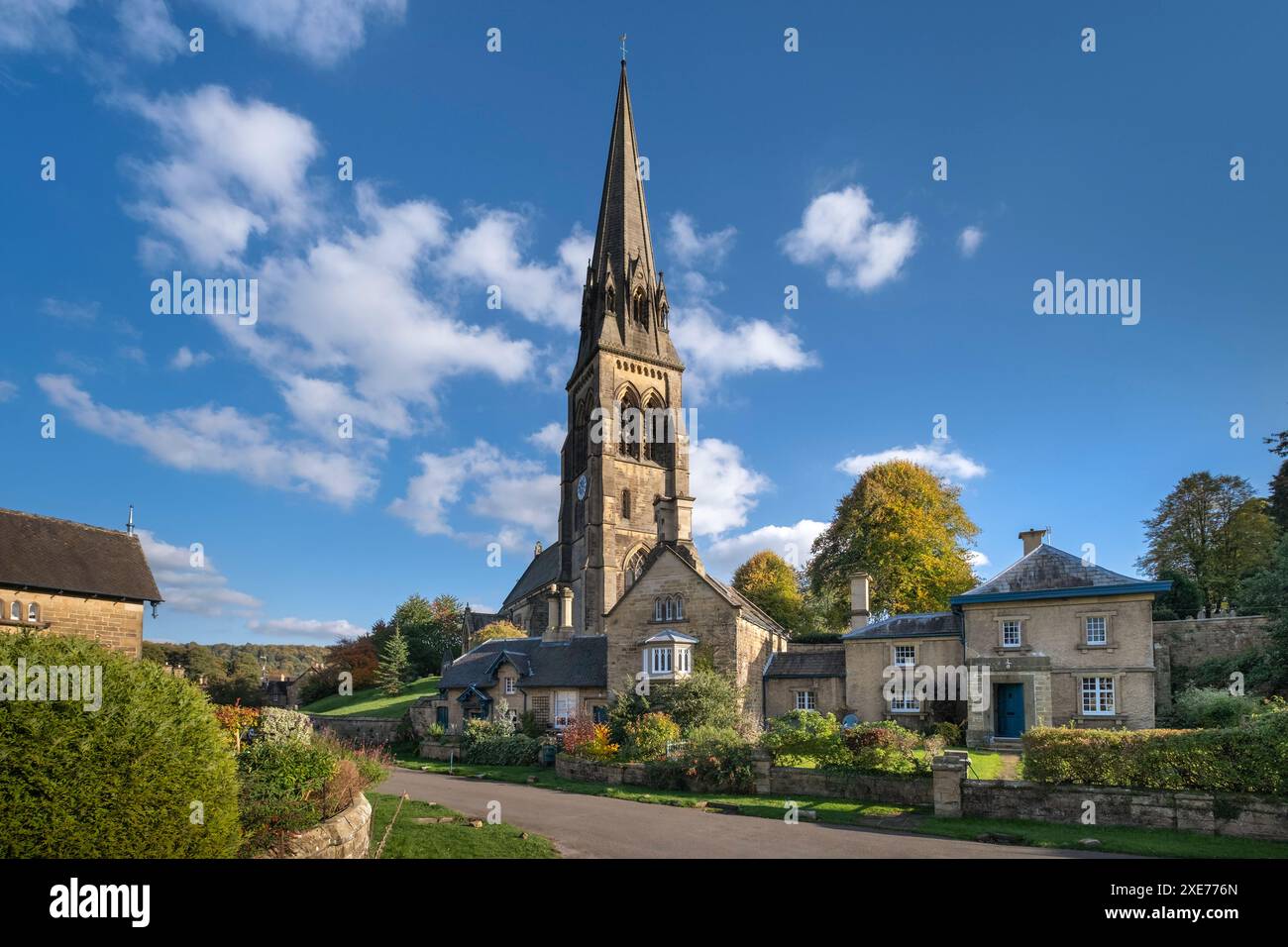 St. Peter's Church and the village of Edensor in autumn, Chatsworth ...
