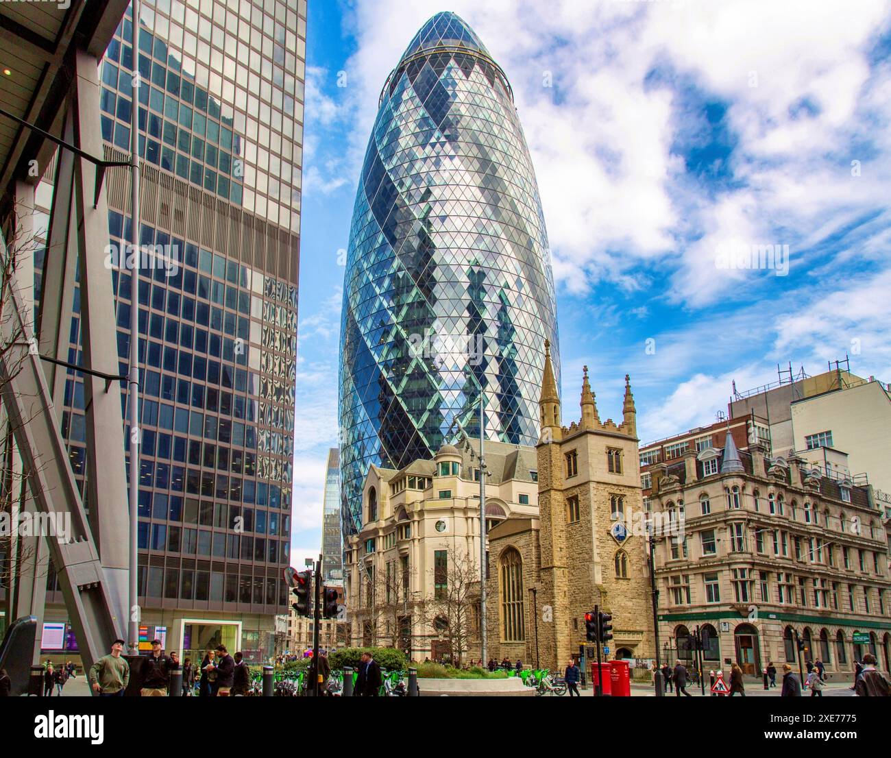 The 16th century St. Andrew Undershaft Church, St. Mary Axe, with the ...