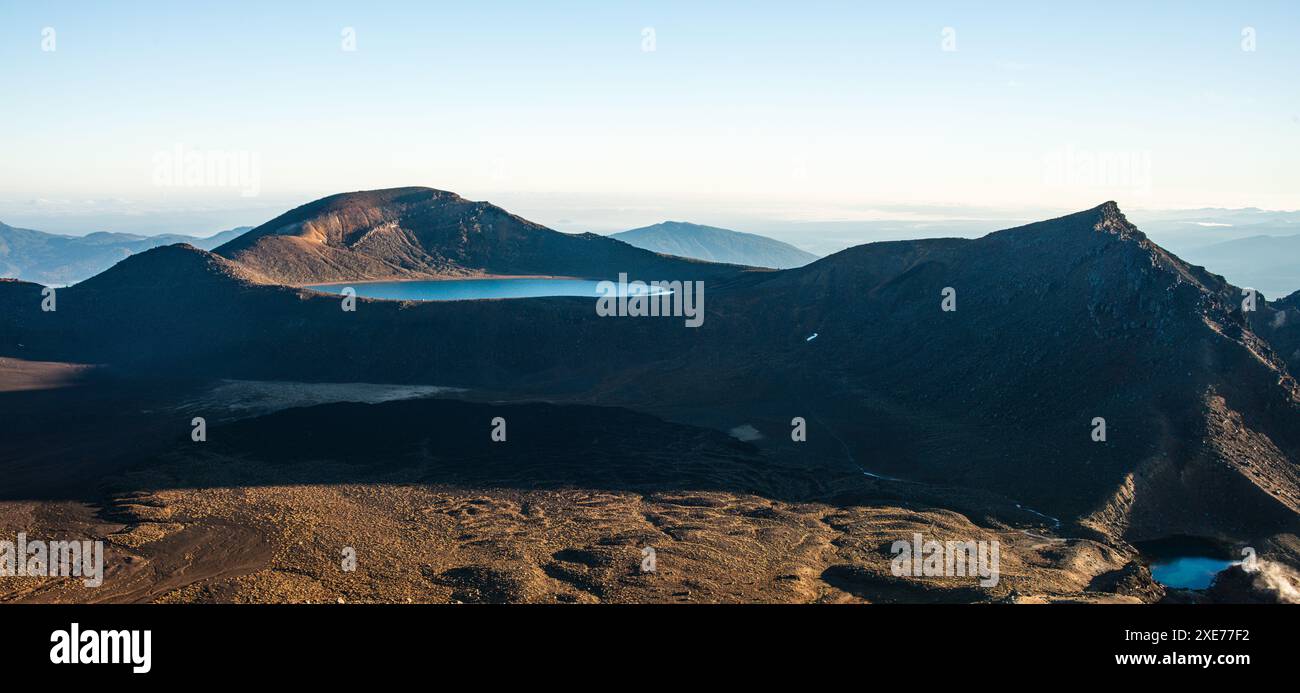 Panoramic view, crater of Blue Lake and Tongariro Volcano at sunrise ...