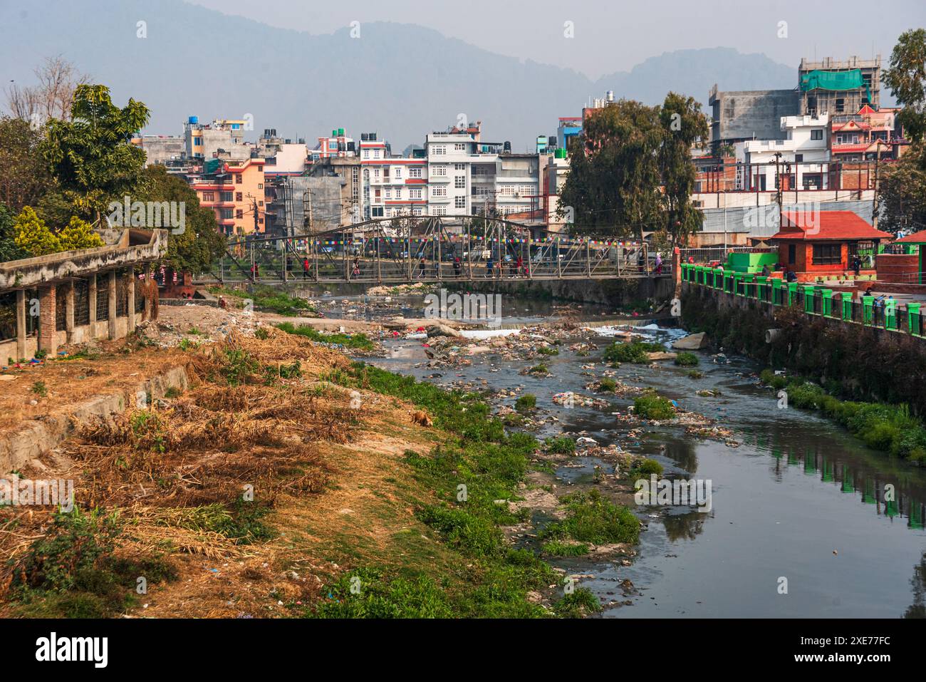 View across the polluted Bishnumati River in Kathmandu, Nepal, Asia ...