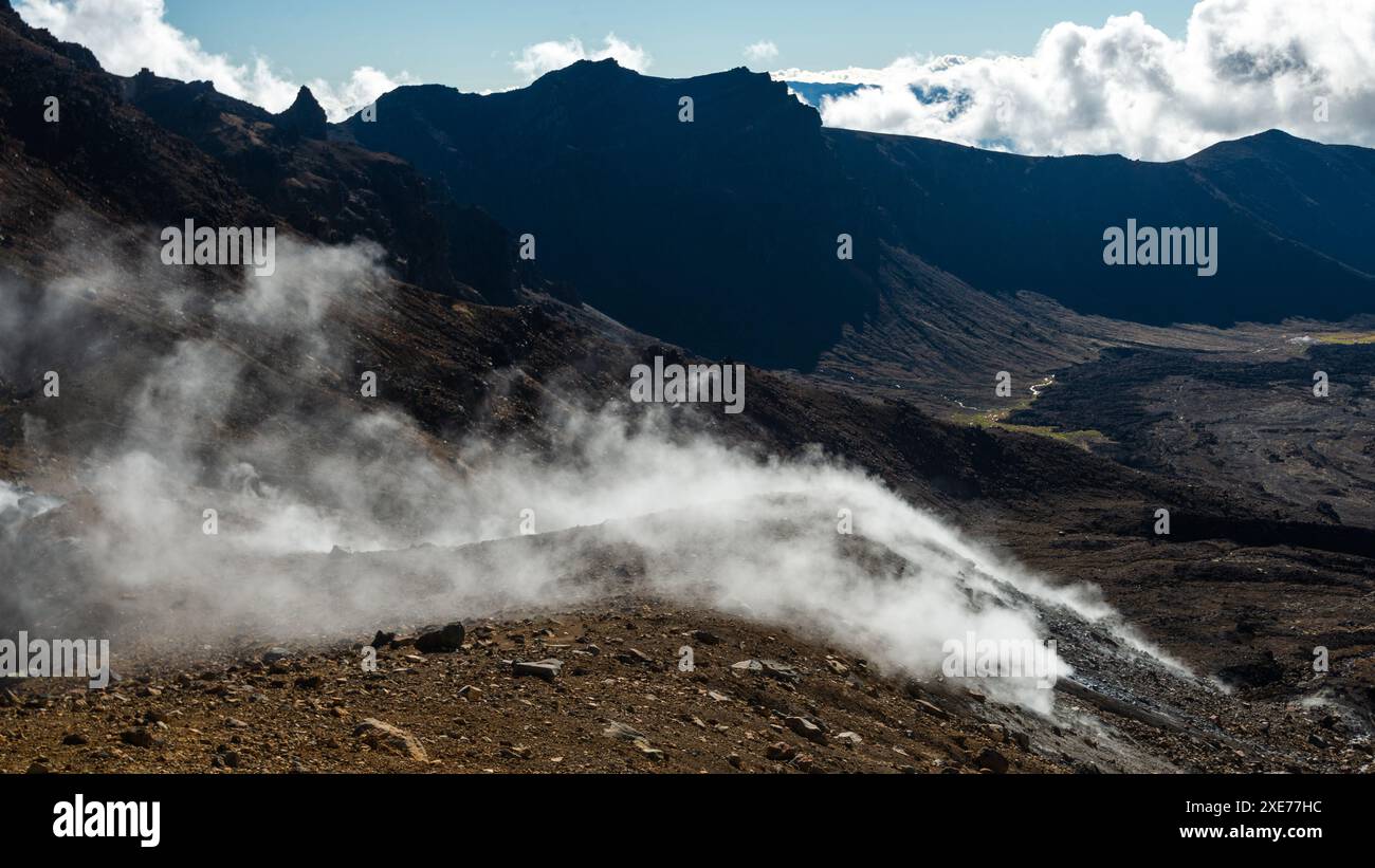 Steam of the volcano on ashes and arid landscapes, Tongariro National ...