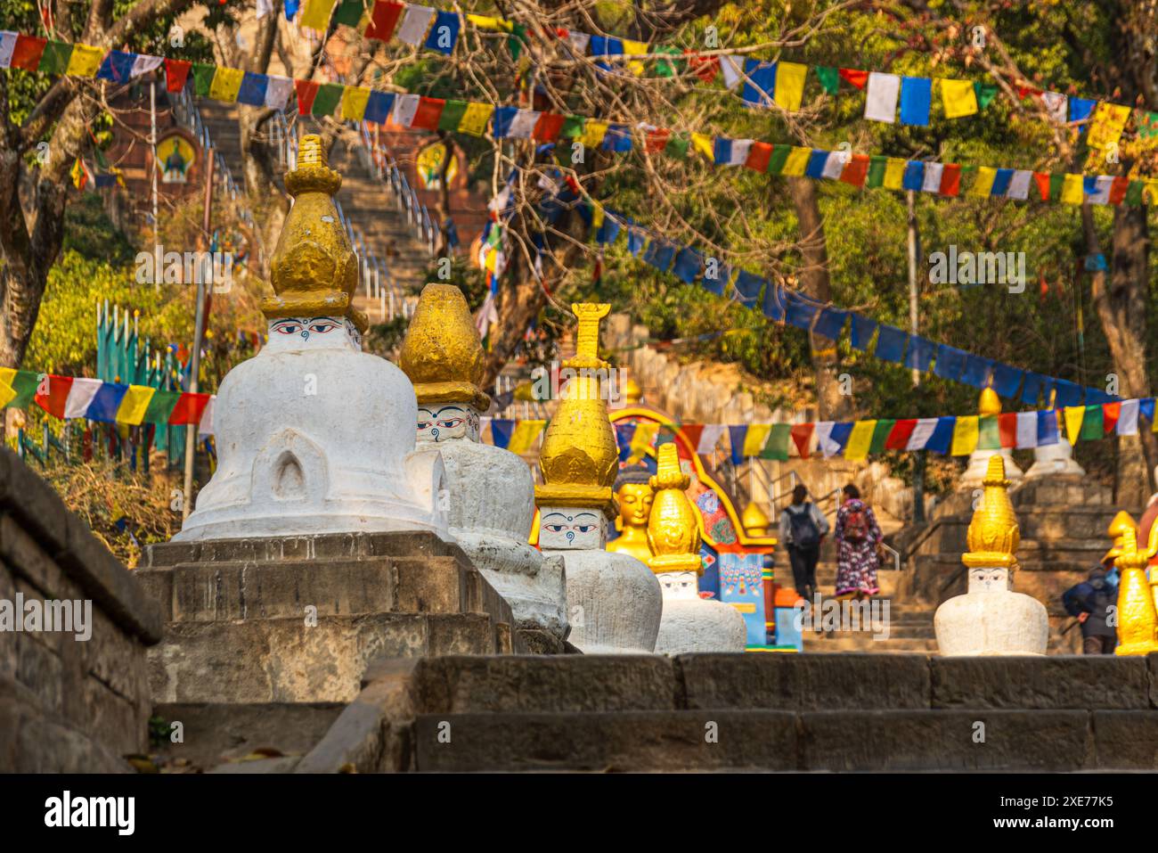 Small white stupas with face and golden top, Bhagwan Pau Swayambhu ...