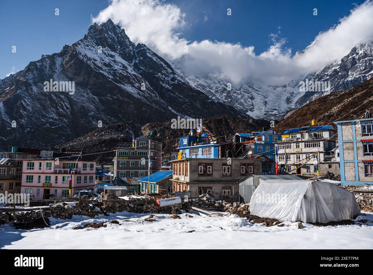 Colourful houses of Kyanjin Gompa Town with summit of Langtang Lirung ...