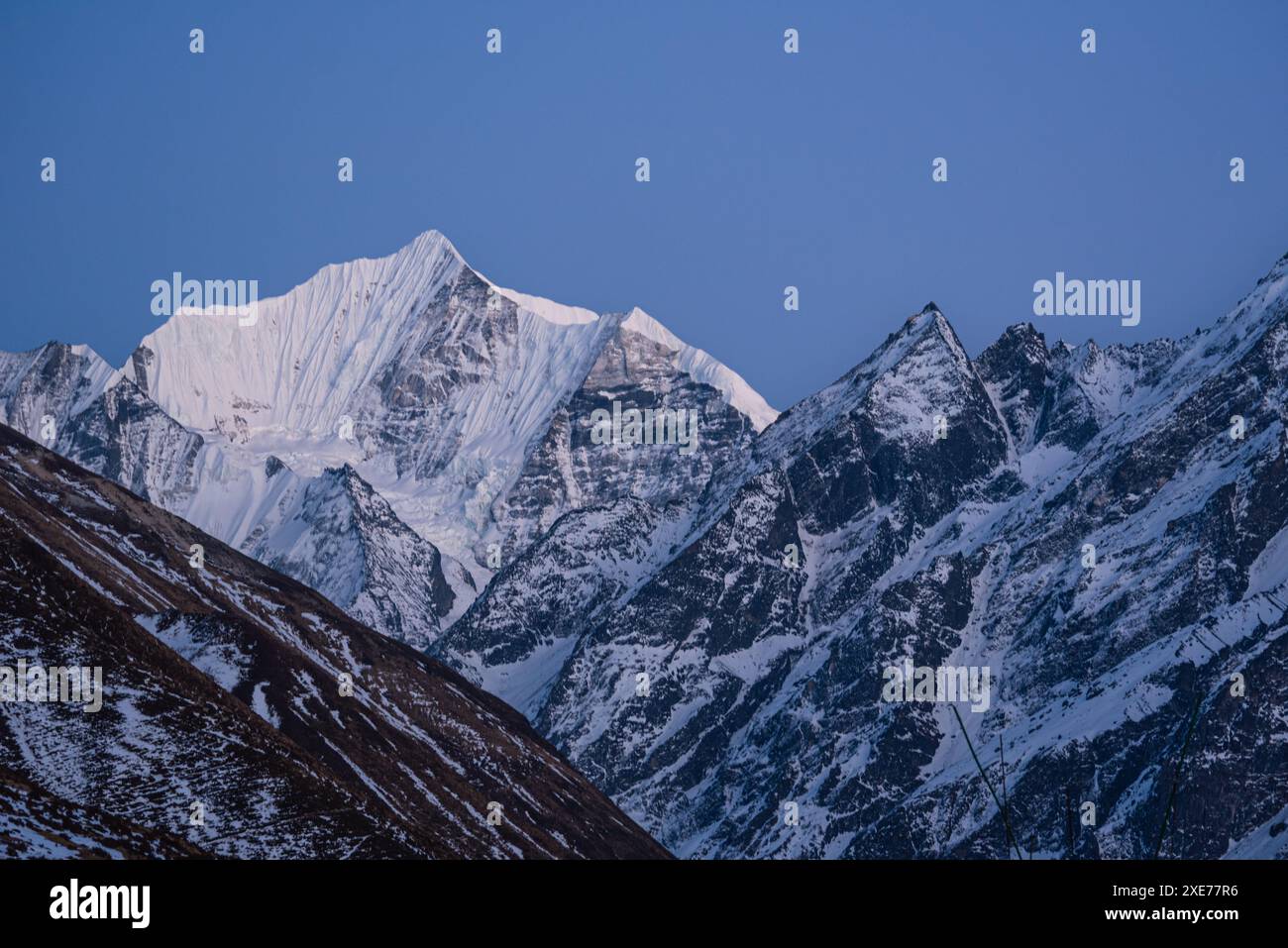 Snowy summit of Gangchempo, Lang Tang Valley Trek, Himalayas, Nepal ...