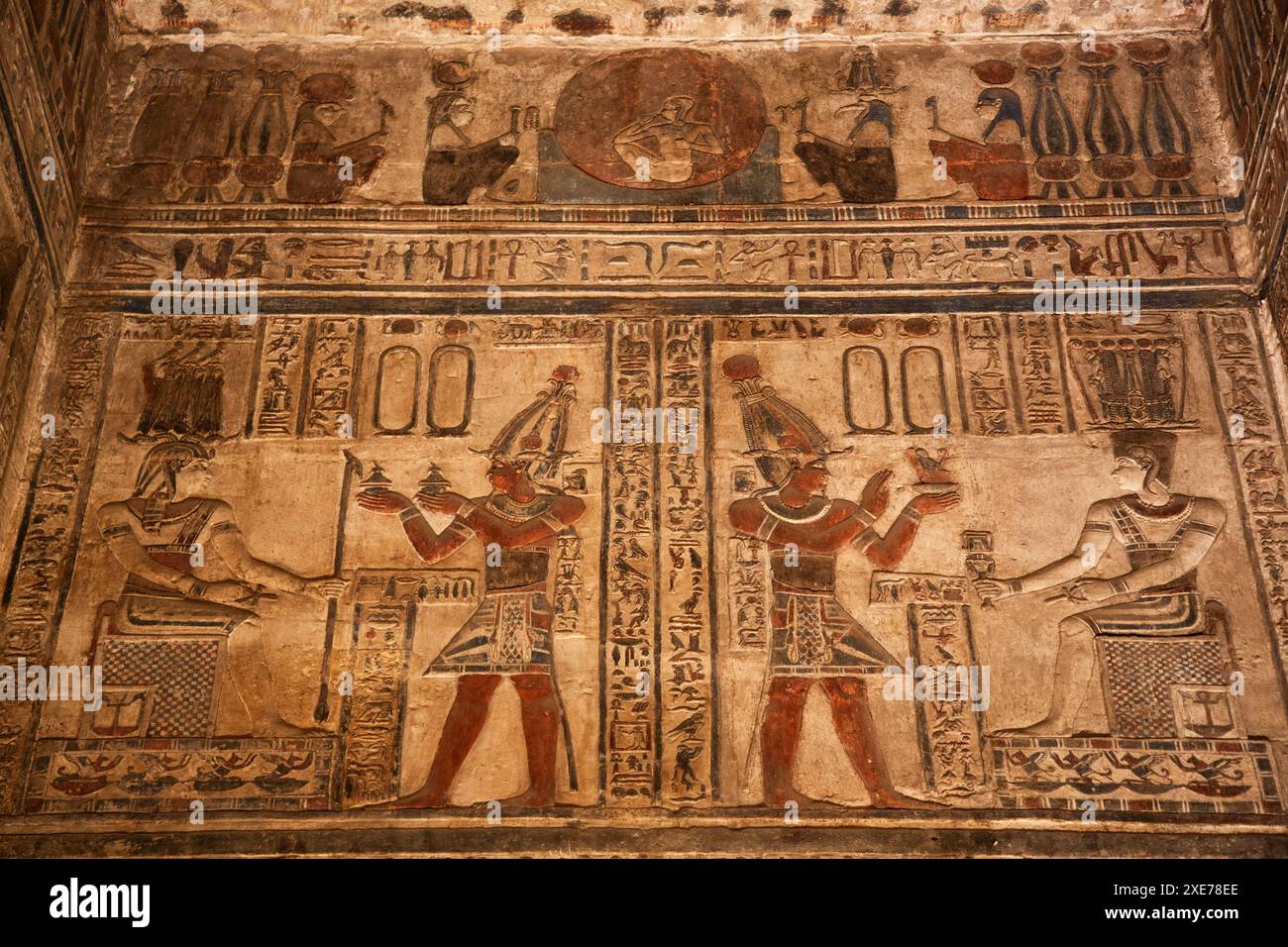 Reliefs of Pharaohs on far left and right, Sanctuary, Temple of Hathor ...