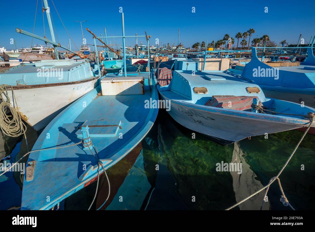 View of colourful wooden boats in Hurghada Harbour, Hurghada, Red Sea ...