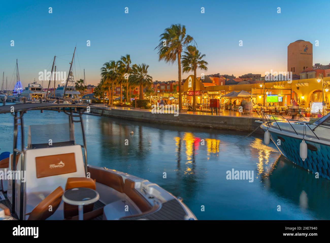 View of cafe and restaurant in Hurghada Marina at dusk, Hurghada, Red ...
