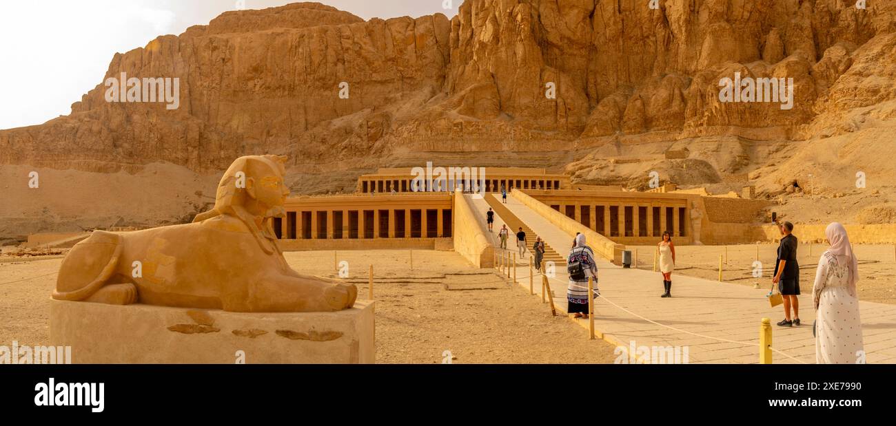 View of sphinx and Mortuary Temple of Hatshepsut, UNESCO World Heritage ...