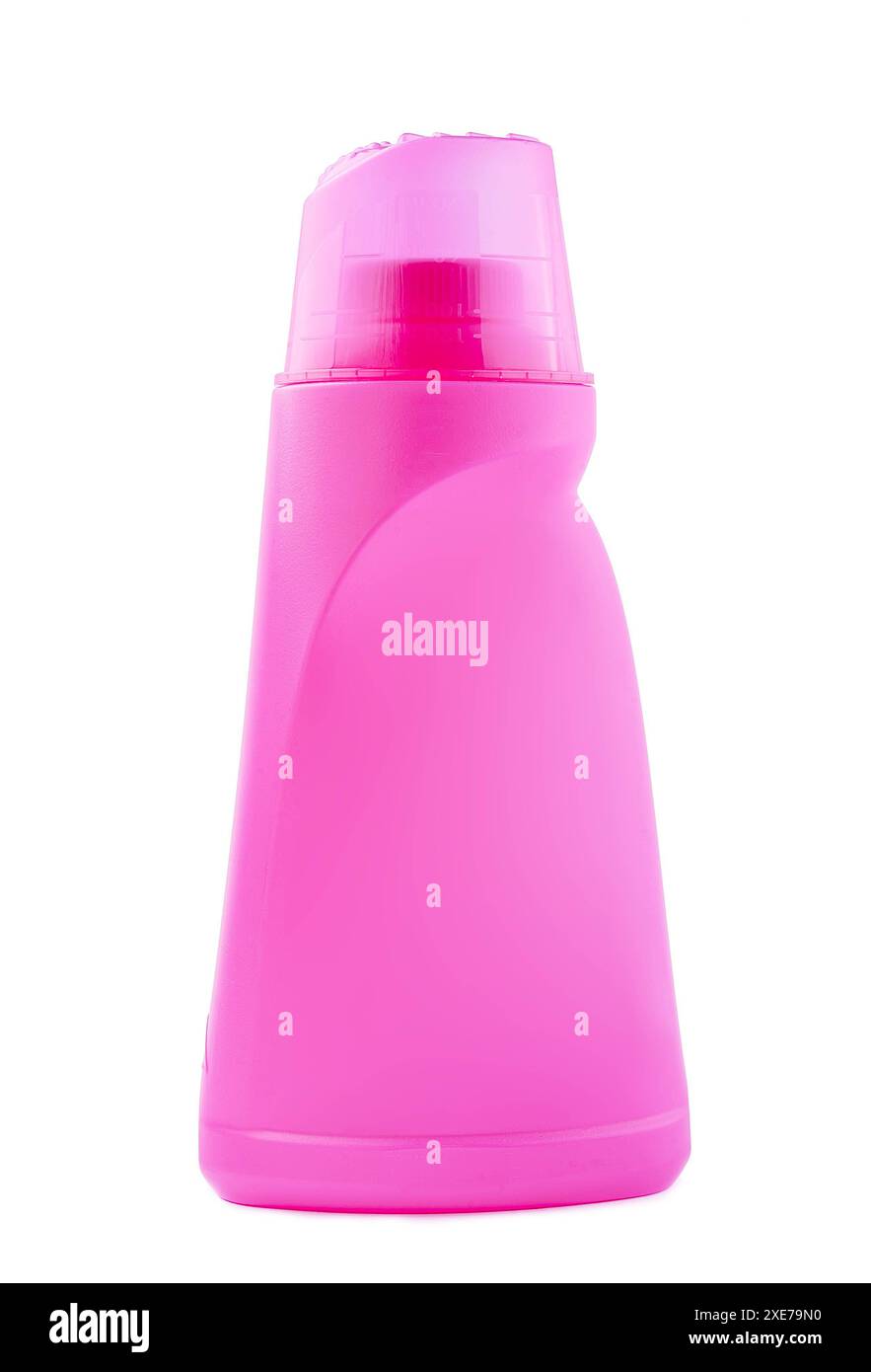 Laundry detergent in pink plastic bottle isolated on white background ...