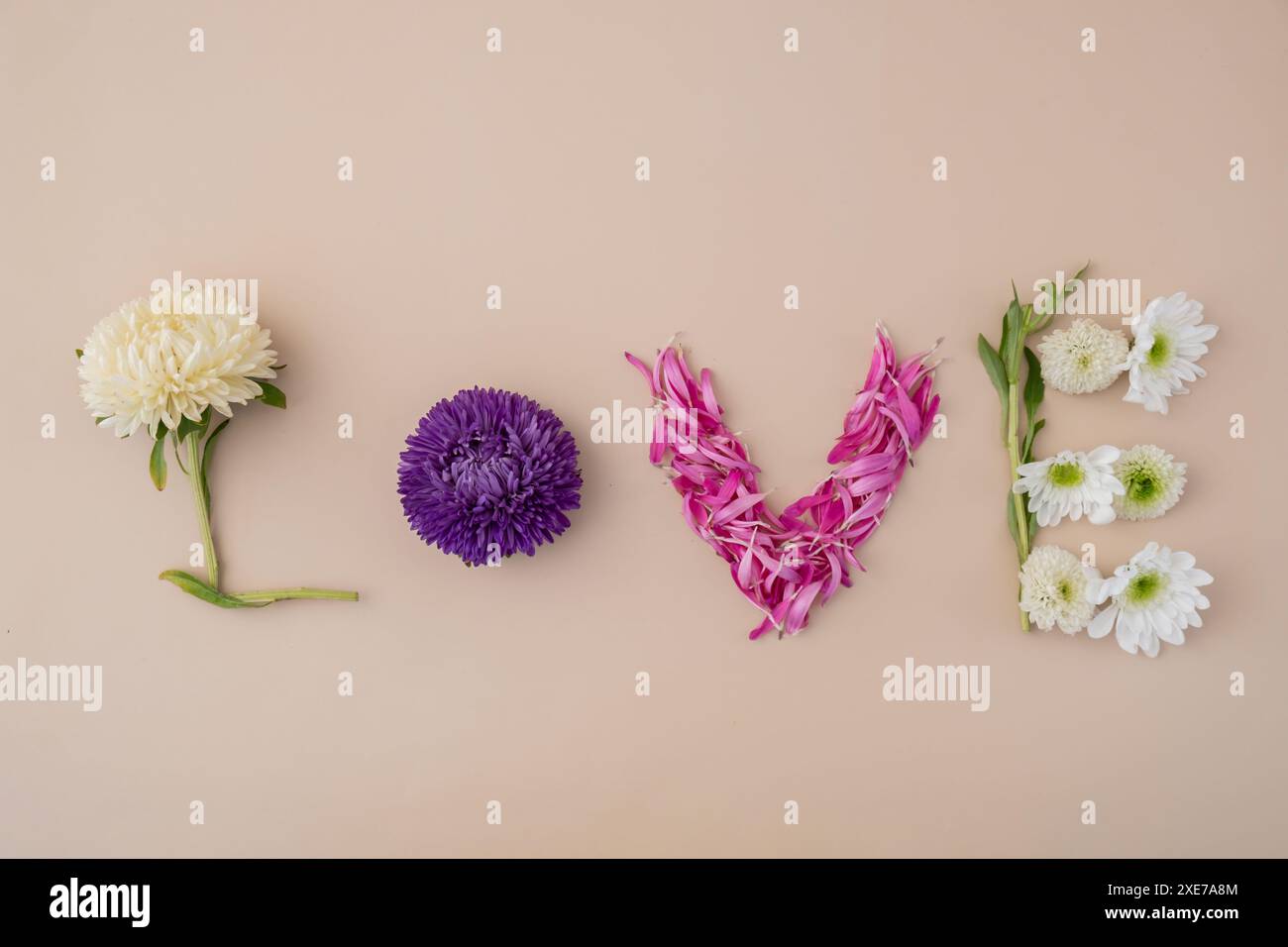 Creative minimalistic design of flowers petals and leafs making word ...