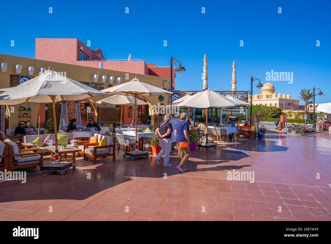 View of cafe and restaurant in Hurghada Marina and Al Mina Mosque in ...