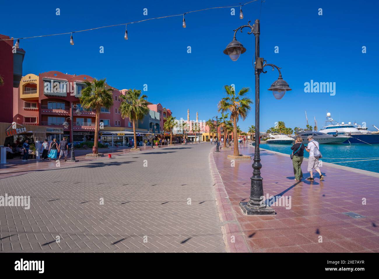 View of colourful shops and bars in Hurghada Marina, Hurghada, Red Sea ...