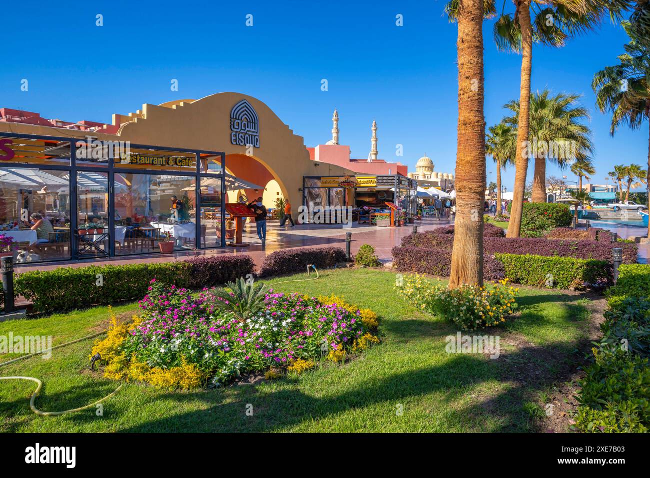 View of cafe and restaurant in Hurghada Marina and Al Mina Mosque in ...