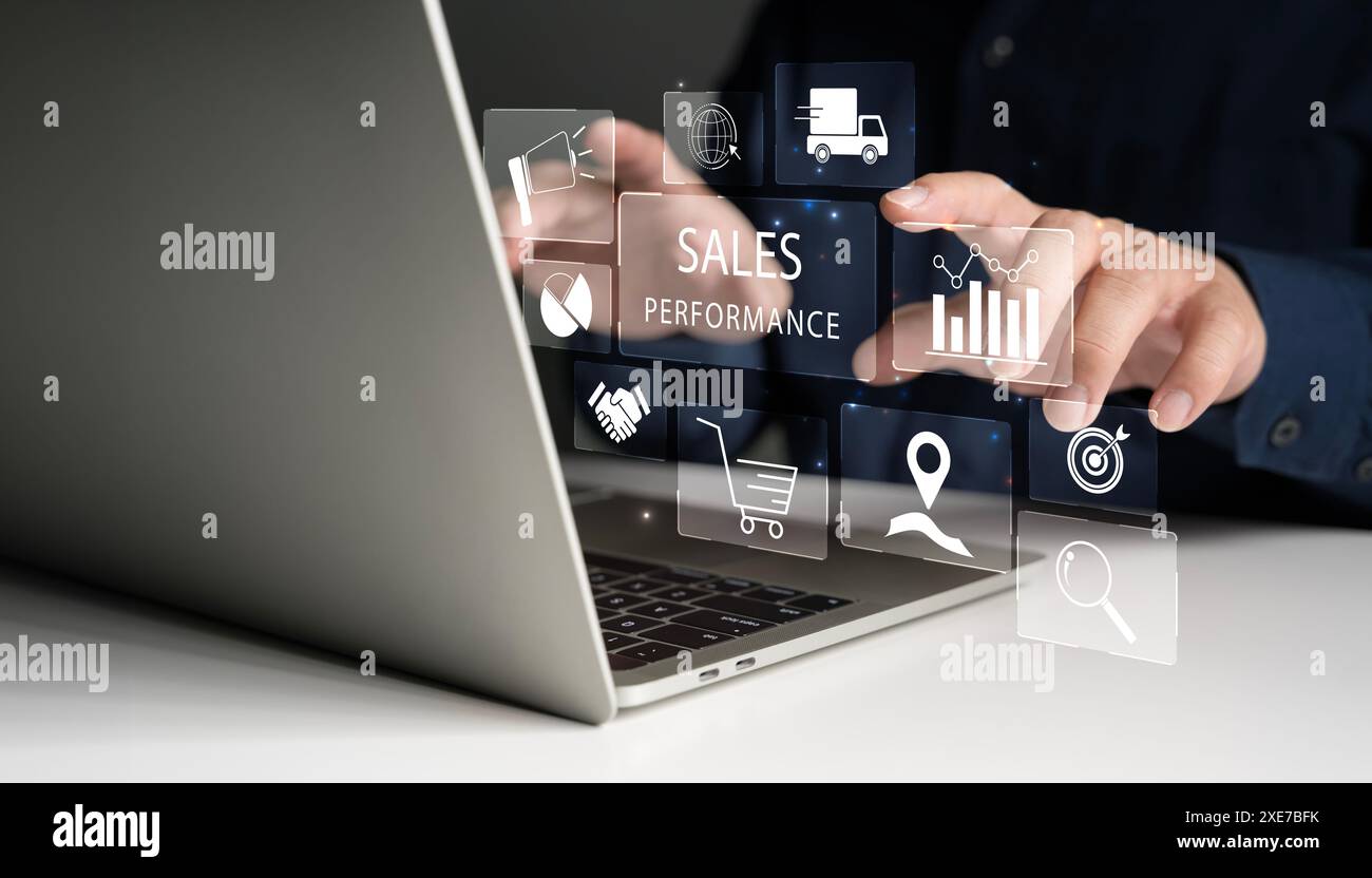 Sales performance management concept. Businessman use laptop to analyze ... Sales performance management concept. Businessman use laptop to analyze ...