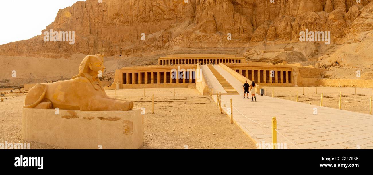 View of sphinx and Mortuary Temple of Hatshepsut, UNESCO World Heritage ...