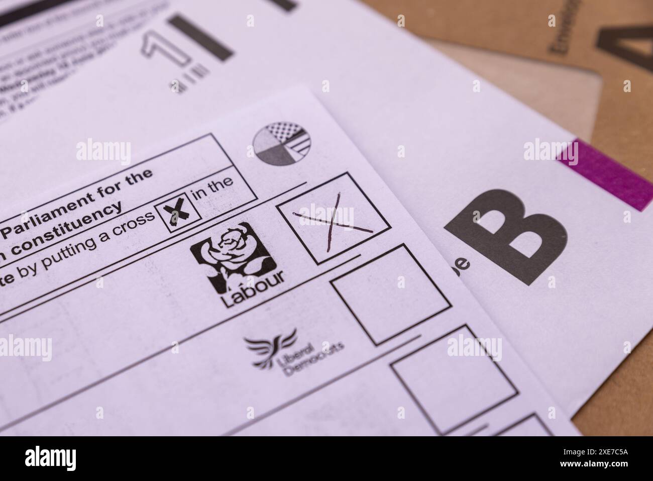 Postal vote with an X in the box for the Labour Party, for the 2024 UK ...