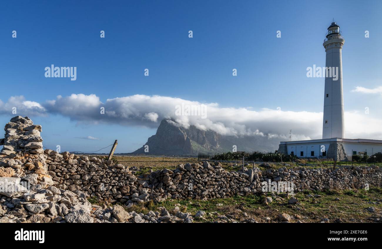 View of the Capo San Vito lighthouse with Monte Monaco behind in ...