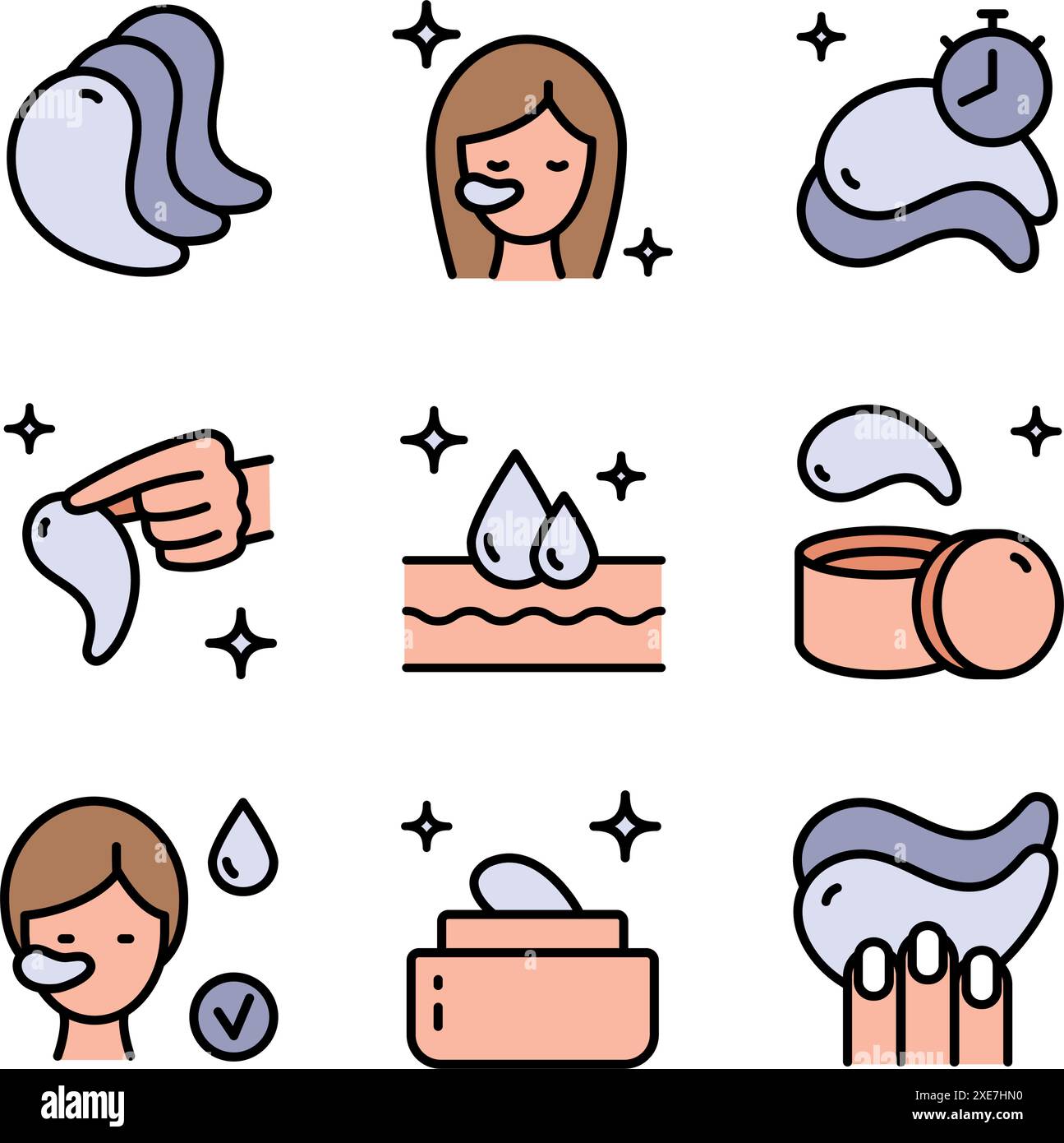 Eye gel patches color icons set. Simple illustrations of eye mask. Trend care products signs ...