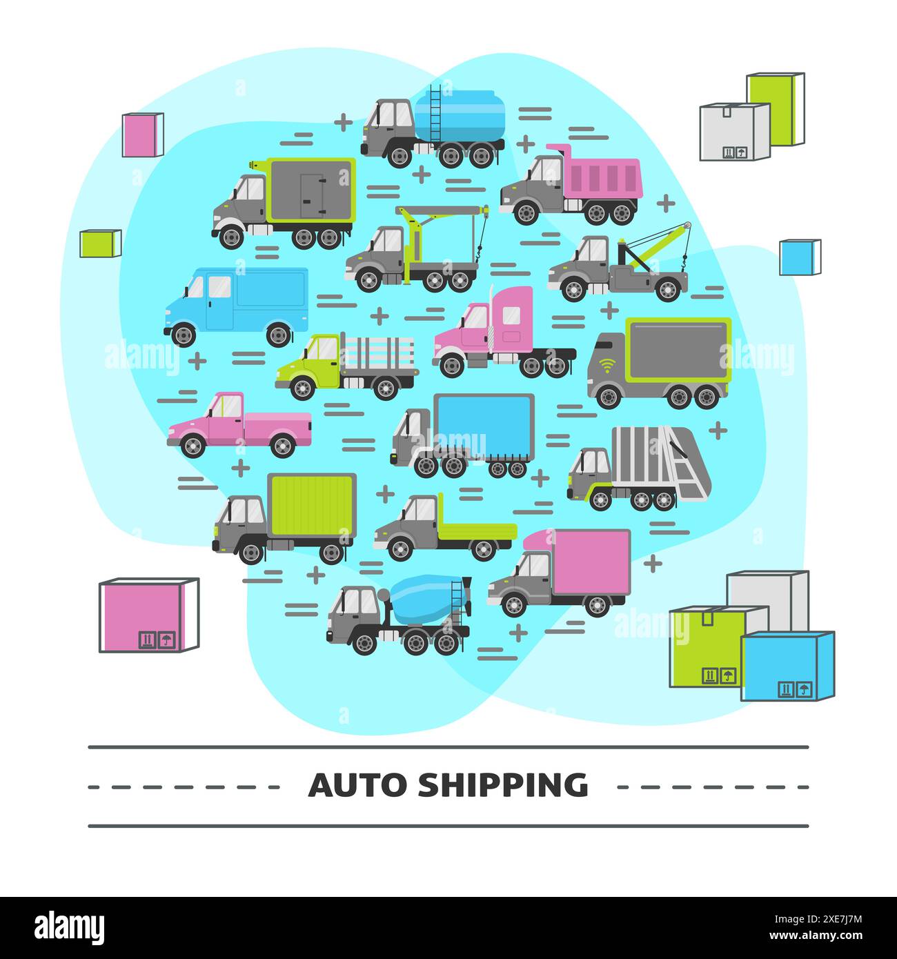 Auto shipping round concept with different types of trucks and boxes in ...