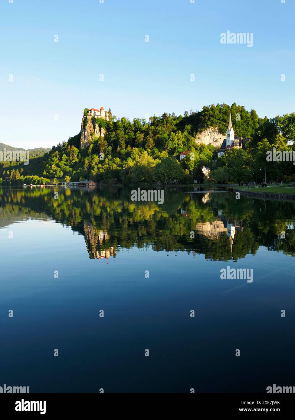 Bled Castle and the Church of St Martin reflected in Lake Bled on a ...